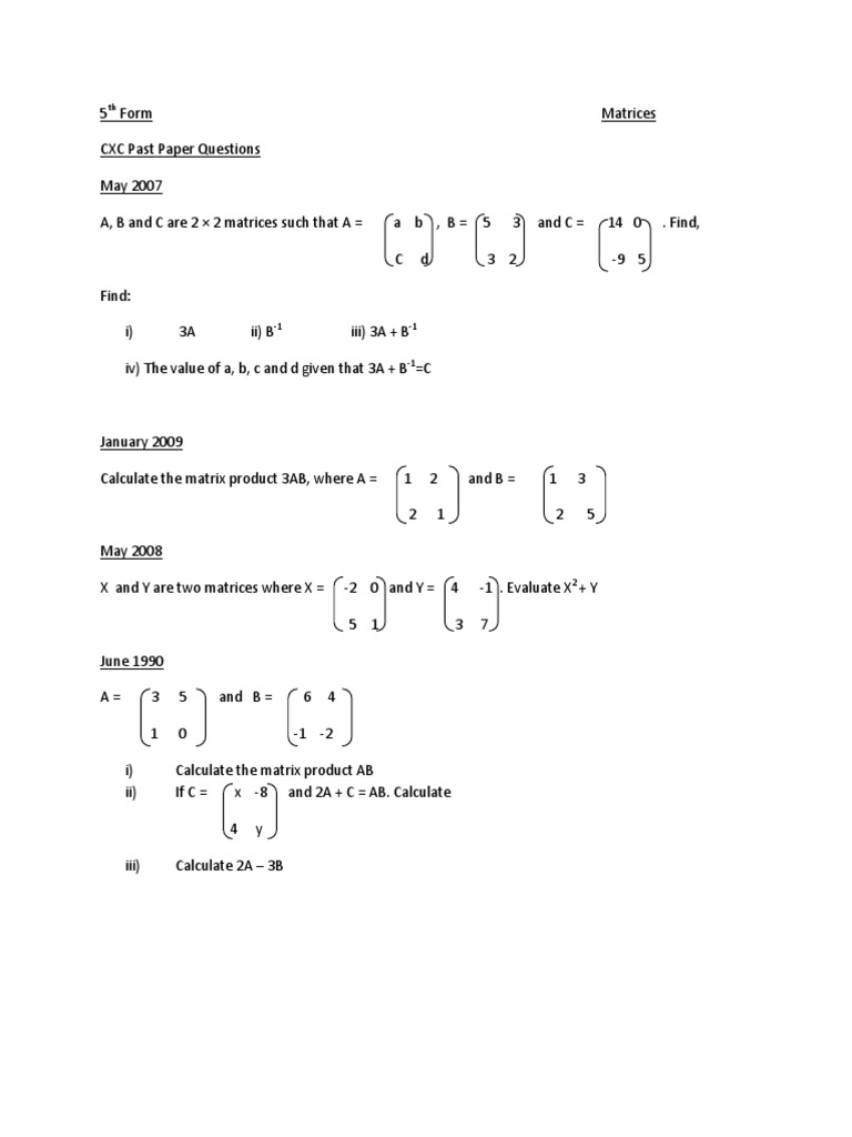 5th Matrices CXC Questions PDF | PDF