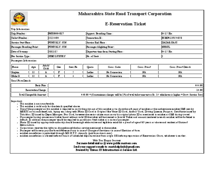 MSRTC - Online Reservation System | PDF | Identity Document | Ticket ...