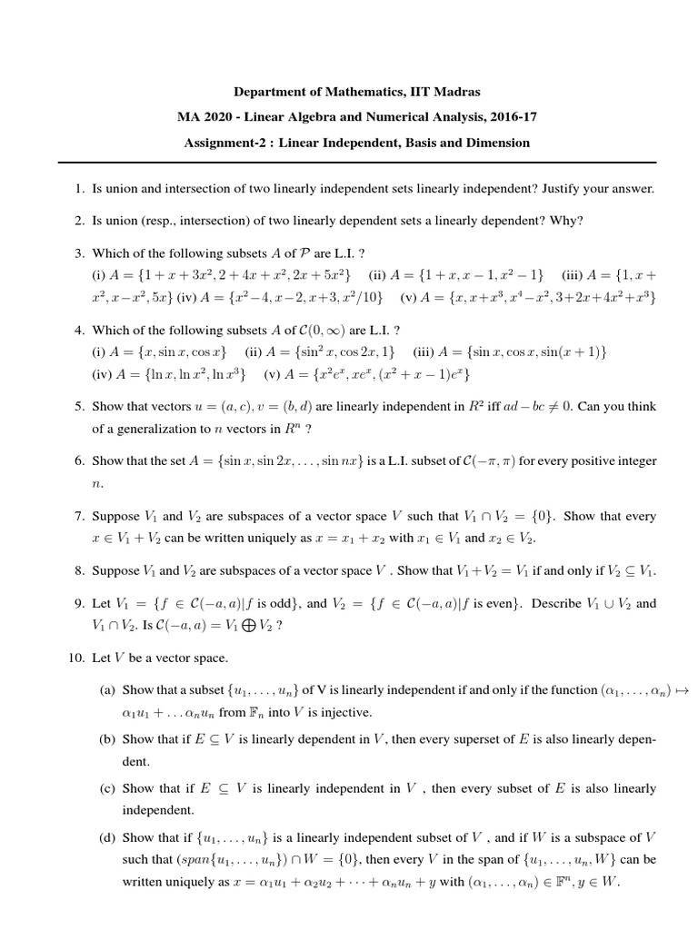 Assignment 2 Download Free Pdf Linear Subspace Basis Linear Algebra