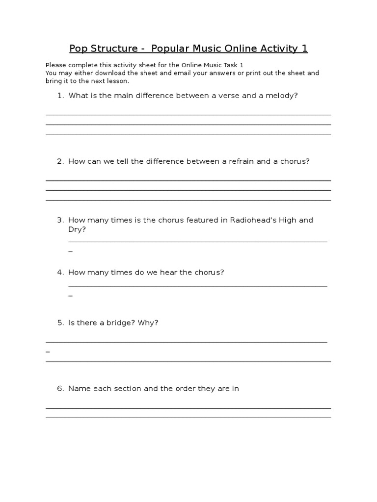 Pop Structure Music Activity 1 | PDF