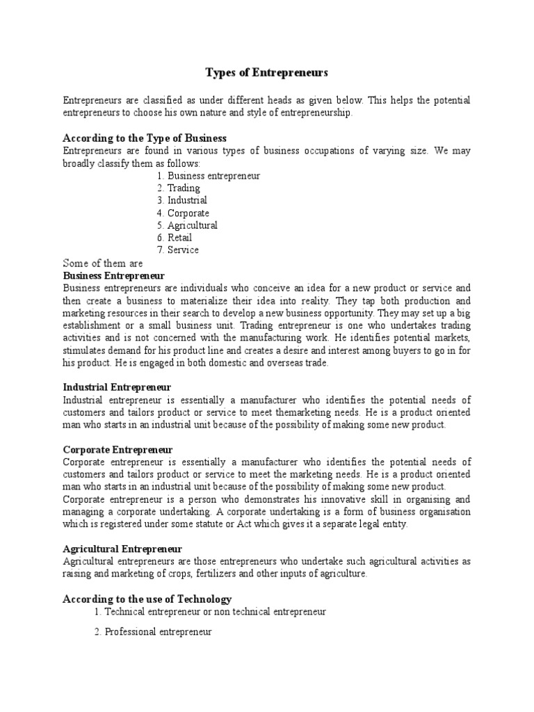 Types of Entrepreneur | PDF | Entrepreneurship | Product (Business)