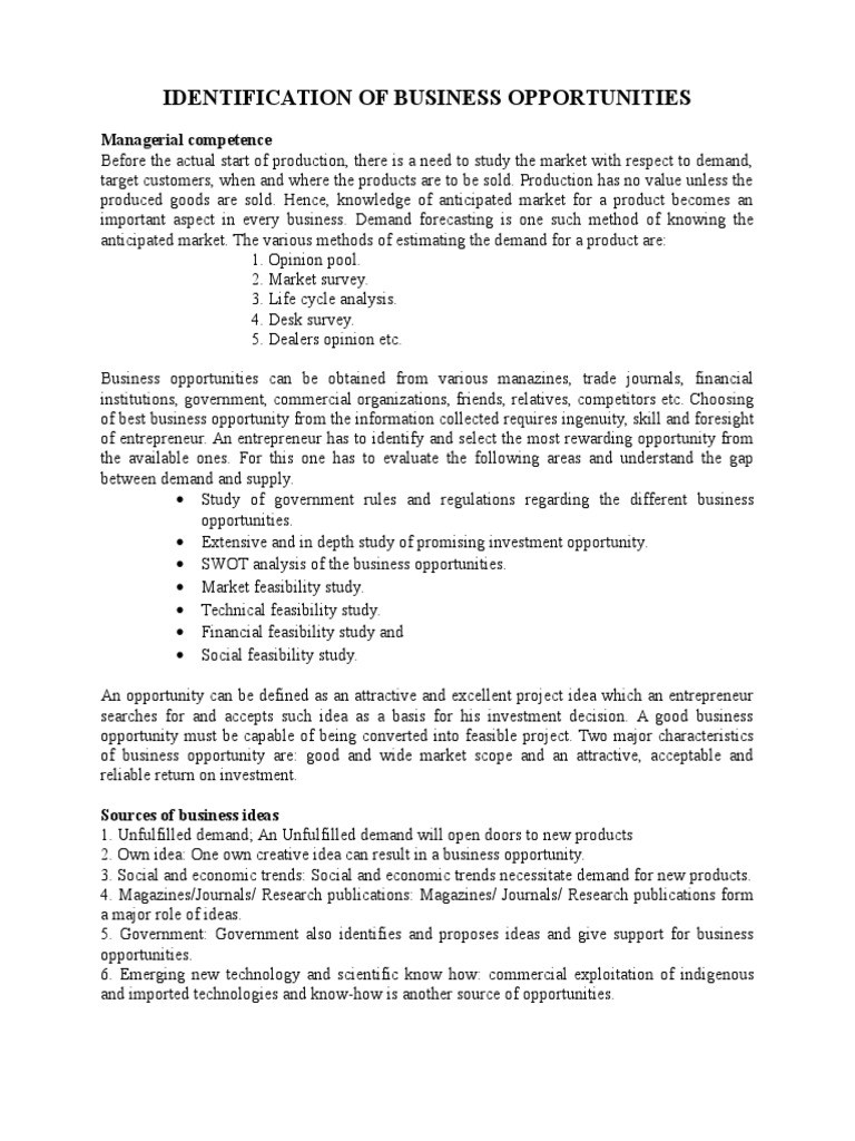 Identification of Business Opportunities | PDF | Feasibility Study ...