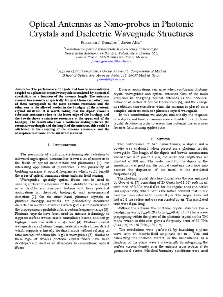 Optical Antennas As Nano-Probes in Photonic Crystals and Dielectric Waveguide Structures | PDF ...