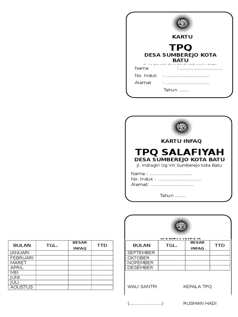 Kartu Infaq TPQ Salafiyah Sumberejo | PDF