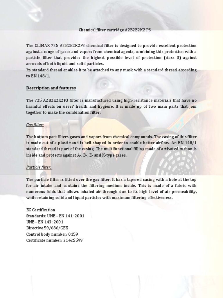 Chemical Filter Cartridge A2B2E2K2 P3 | PDF | Aerosol | Gases