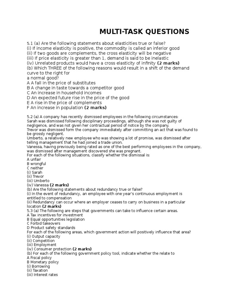 Multi Task Questions. | PDF | Demand | Price Elasticity Of Demand