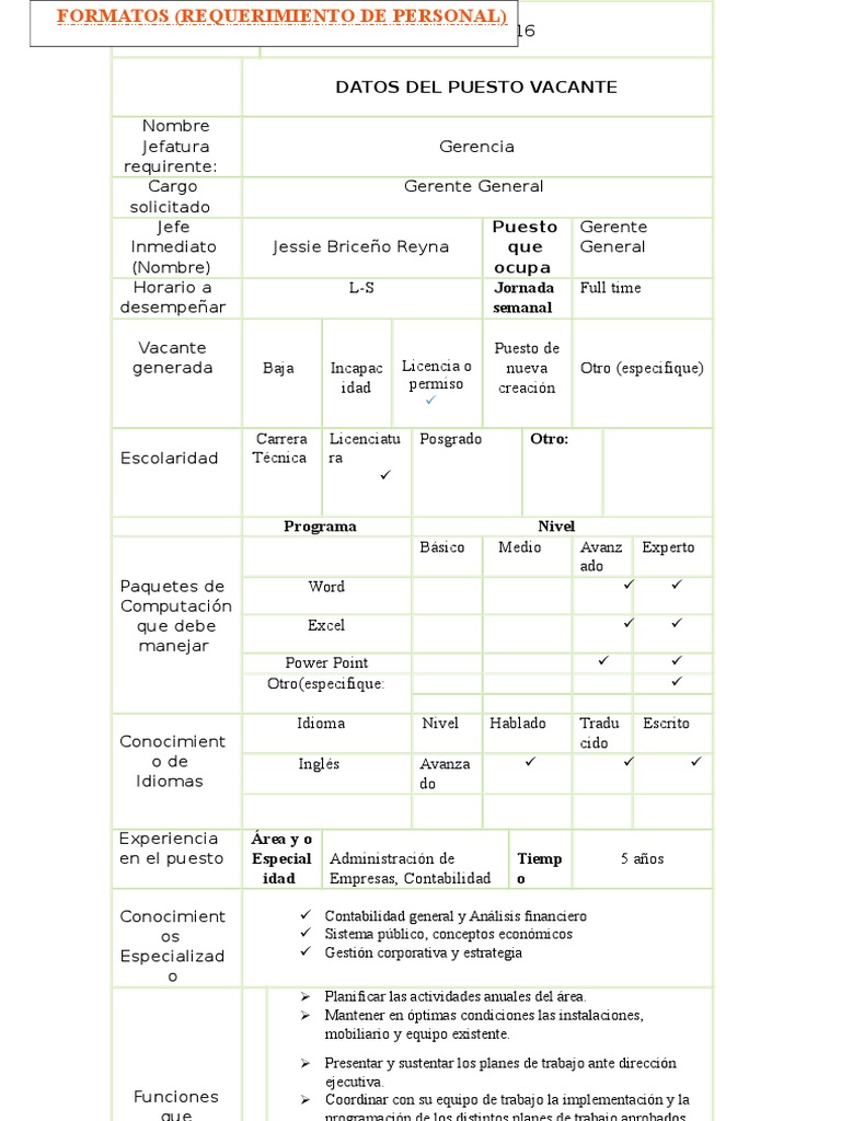 Formato de Requerimiento de personal | Contabilidad | Microsoft Excel