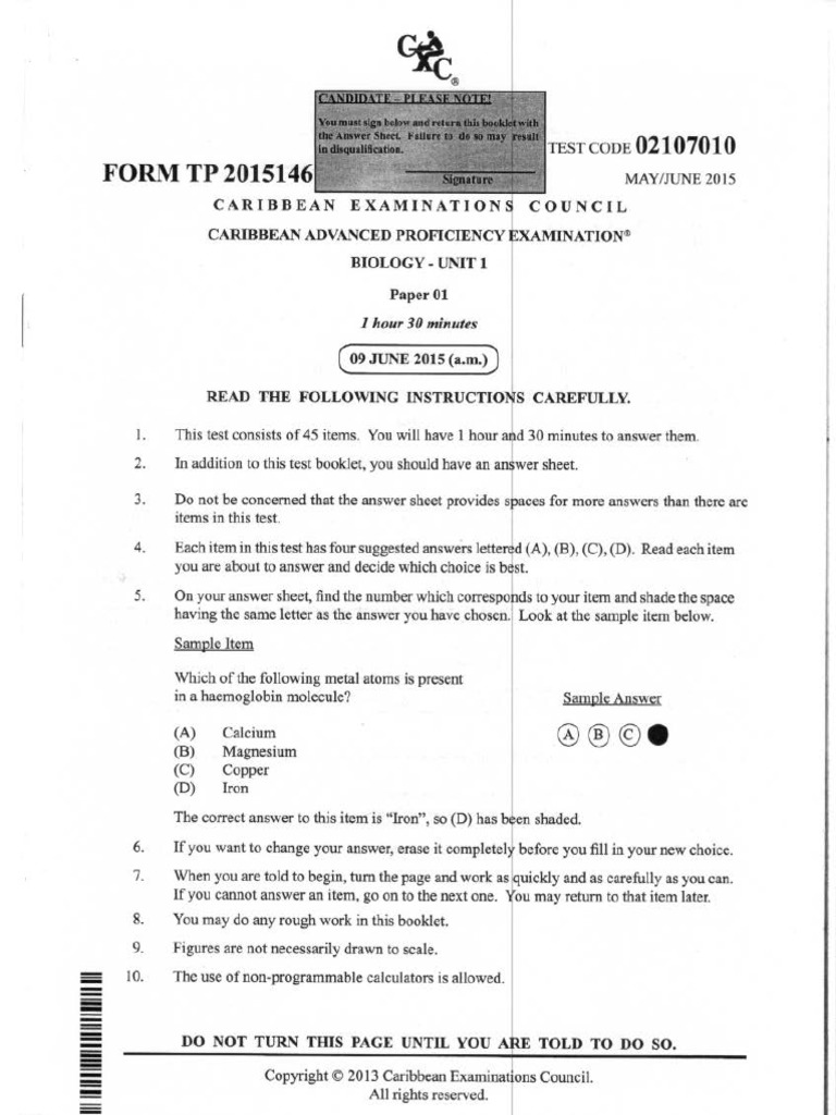 Biology Unit 1 Paper 1 | PDF