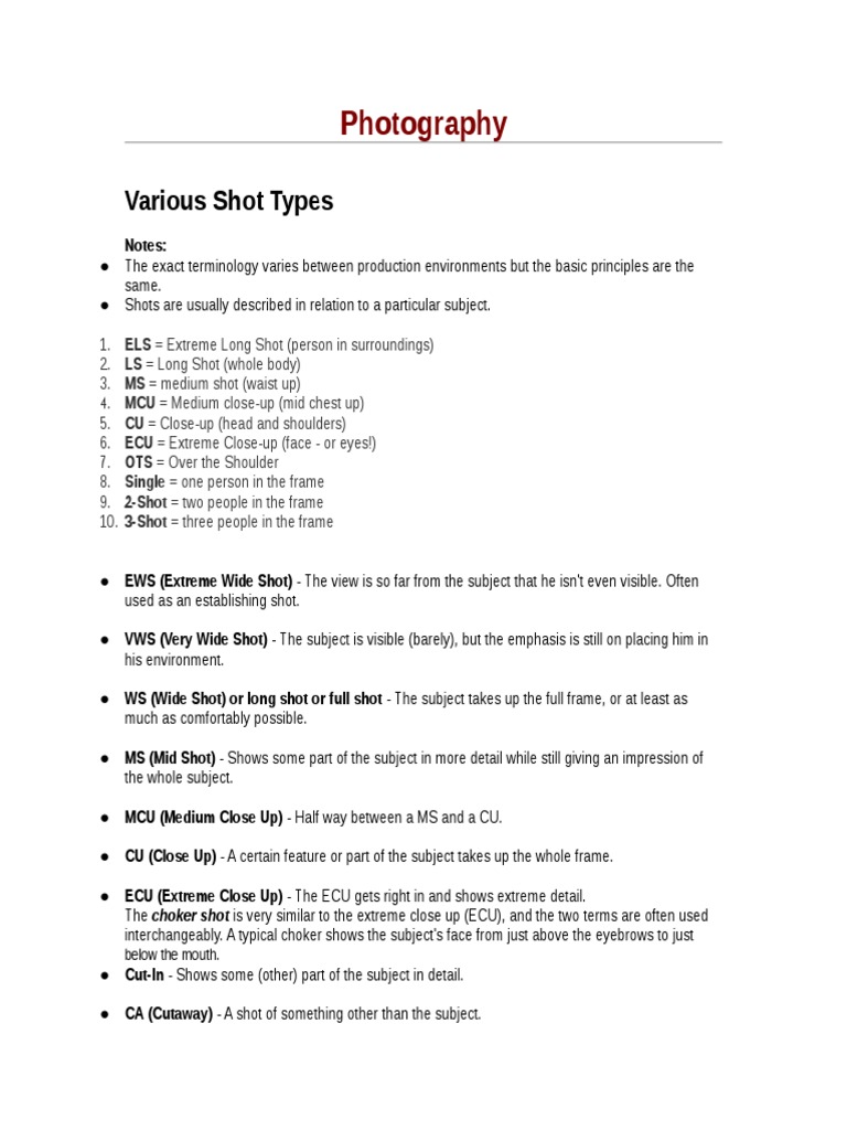 Photography Shot Types & Techniques | PDF | Art Media | Imaging