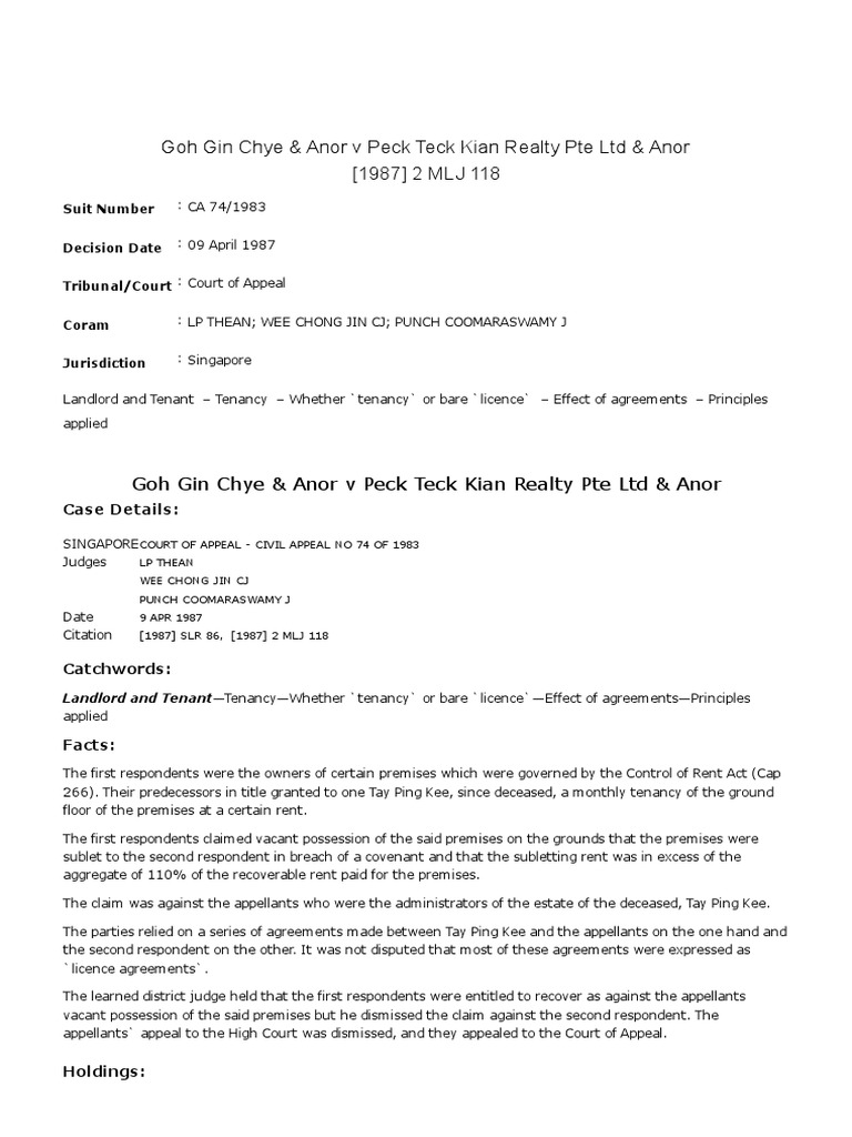 Goh Gin Chye & Anor V Peck Teck Kian Realty Pte LTD & Anor PDF | PDF ...