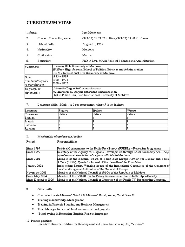 Munteanu Igor CV 2009 Eng | PDF | Moldova | Competence (Human Resources)