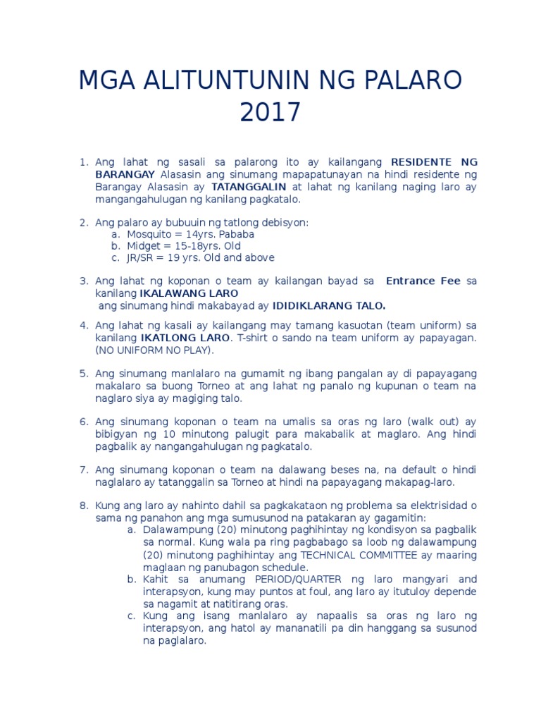 Mga Alituntunin NG Palaro 2017 | PDF
