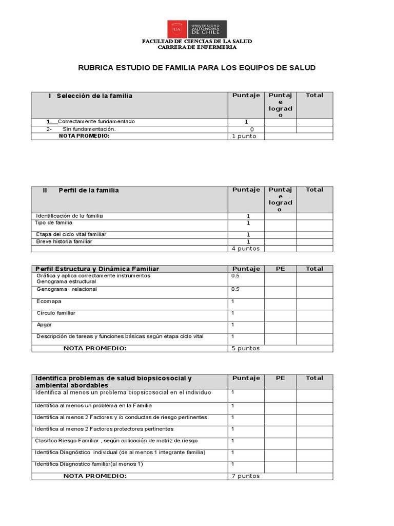 Rubrica Estudio de Familia A | PDF | Enfermería | Cognición