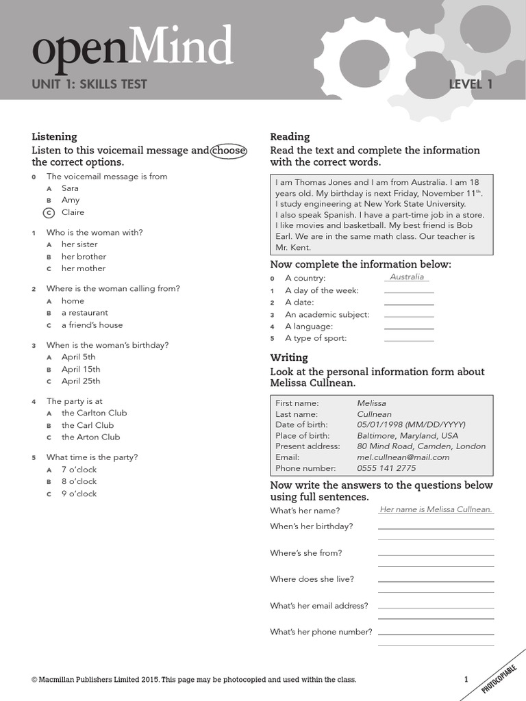 OpenMind 1 Unit 1 Skills Test | PDF | Further Education