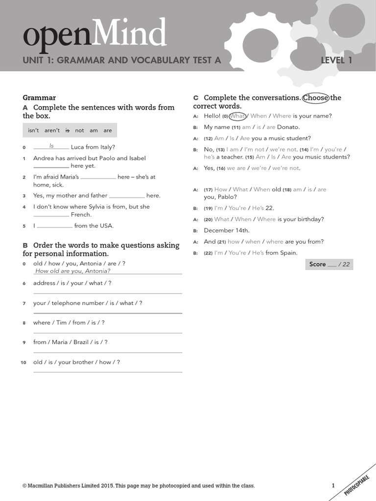 OpenMind 1 Unit 1 Grammar and Vocabulary Test A | PDF | Human ...