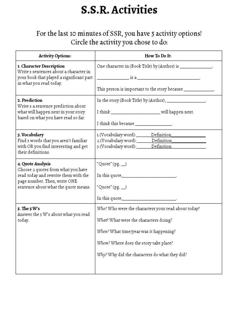 For The Last 10 Minutes of SSR, You Have 5 Activity Options! Circle The ...