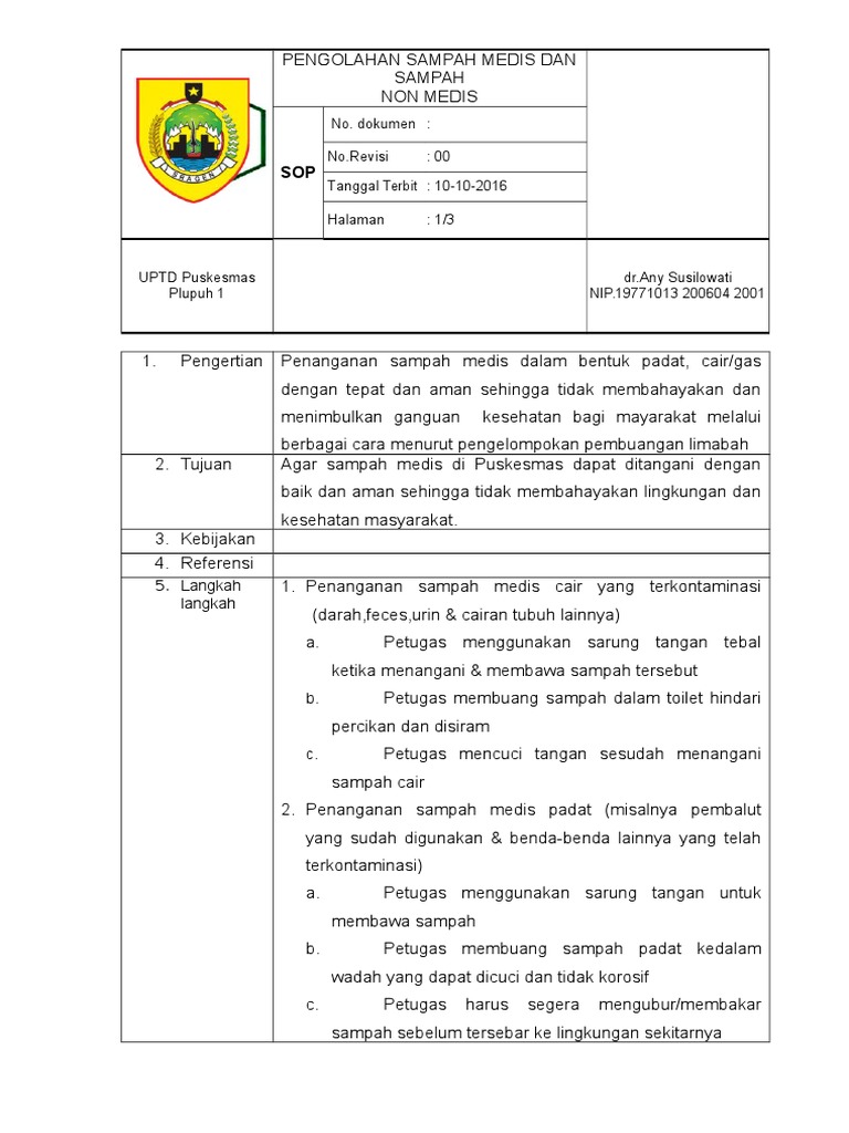 Sop Pengolahan Sampah Medis Dan Non Medis | PDF