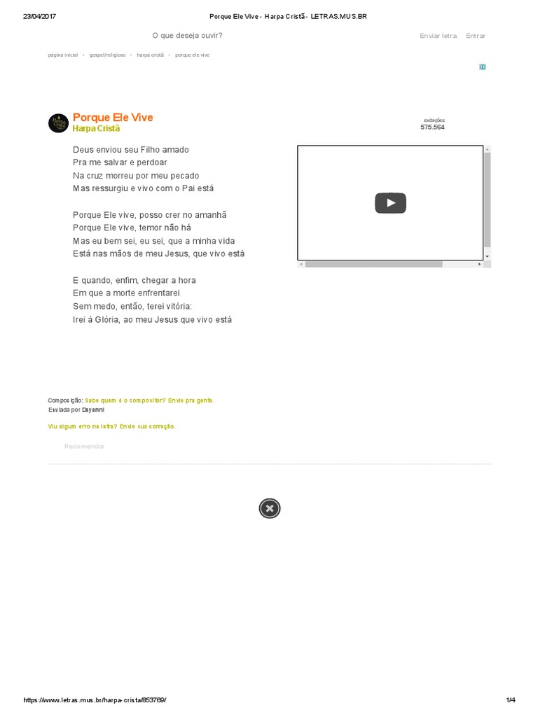 Porque Ele Vive - Harpa Cristã - LETRAS.mus | PDF | Jesus ...