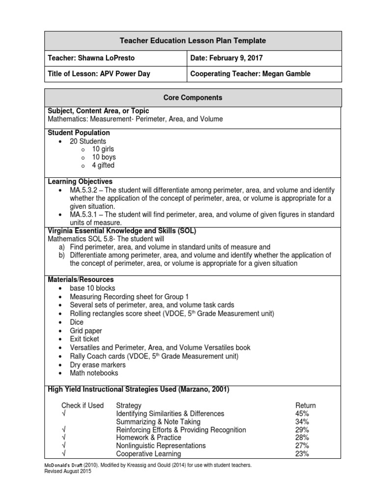 Teacher Education Lesson Plan Template | PDF | Lesson Plan | Cognition