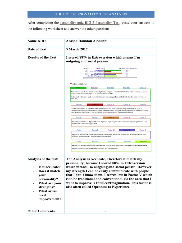 The Big 5 Personality Test Worksheet | PDF