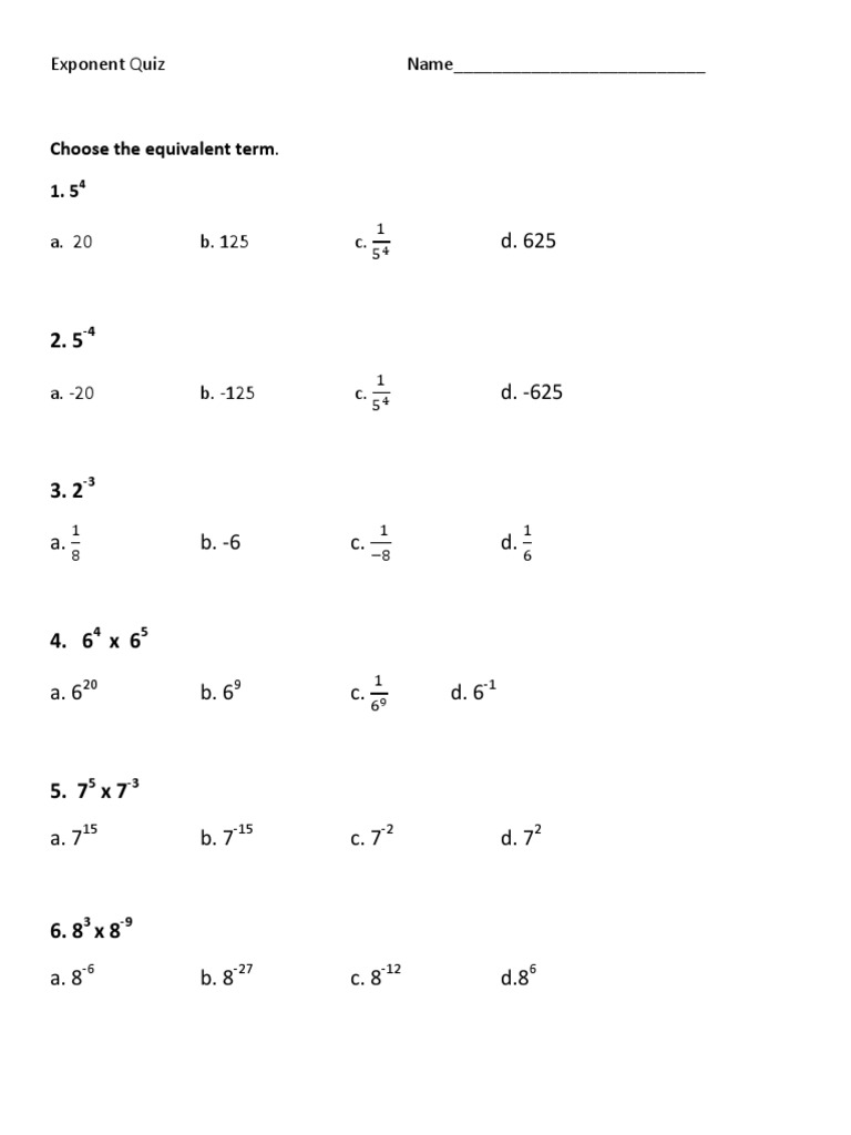 Exponent Quiz for Math Practice | PDF | Teaching Methods & Materials ...