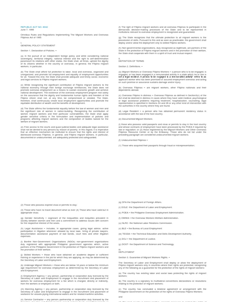 Ra 8042 | PDF | Migrant Worker | Legal Aid