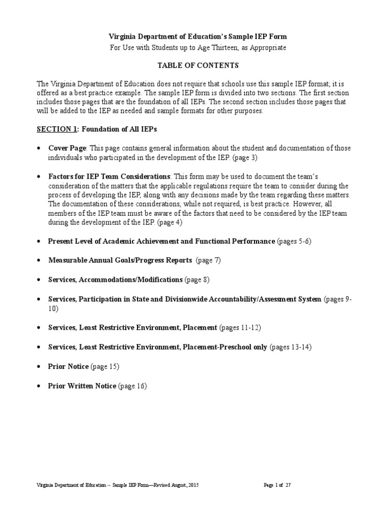 sample iep form | Individualized Education Program | Quality Of Life