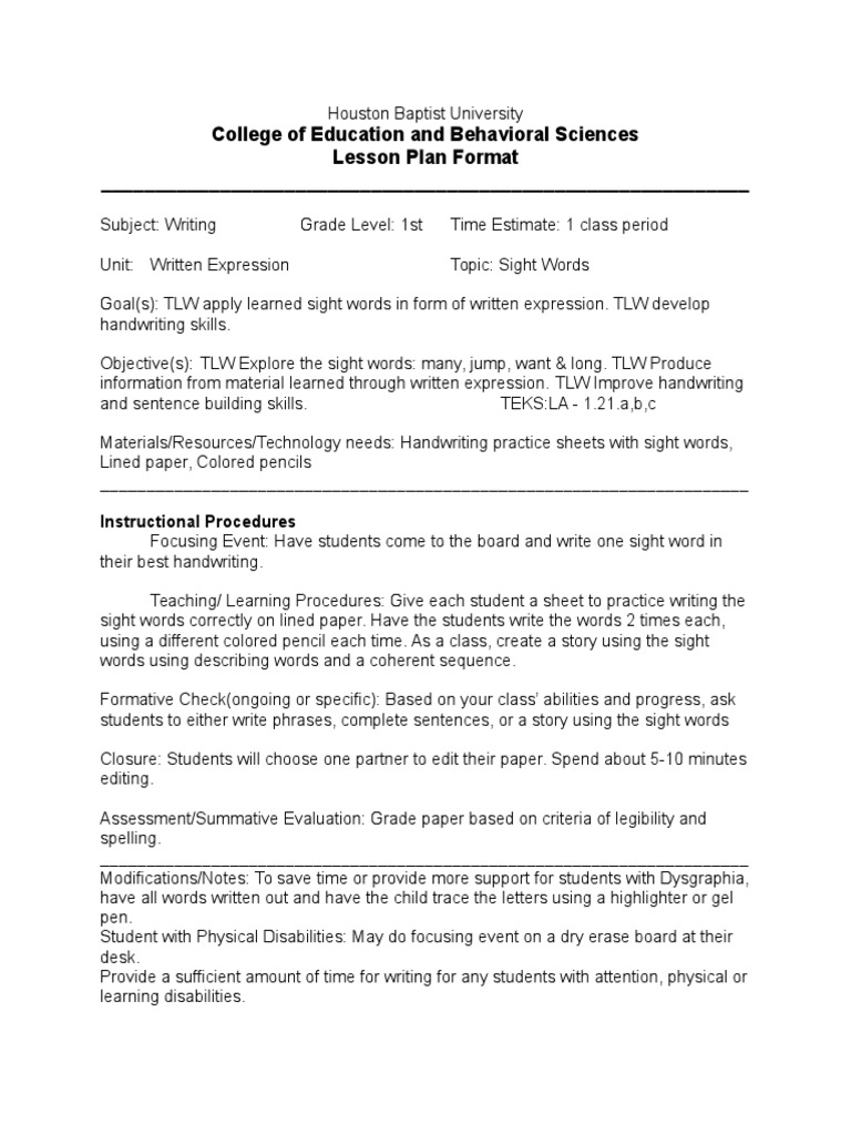 College of Education and Behavioral Sciences Lesson Plan Format | PDF