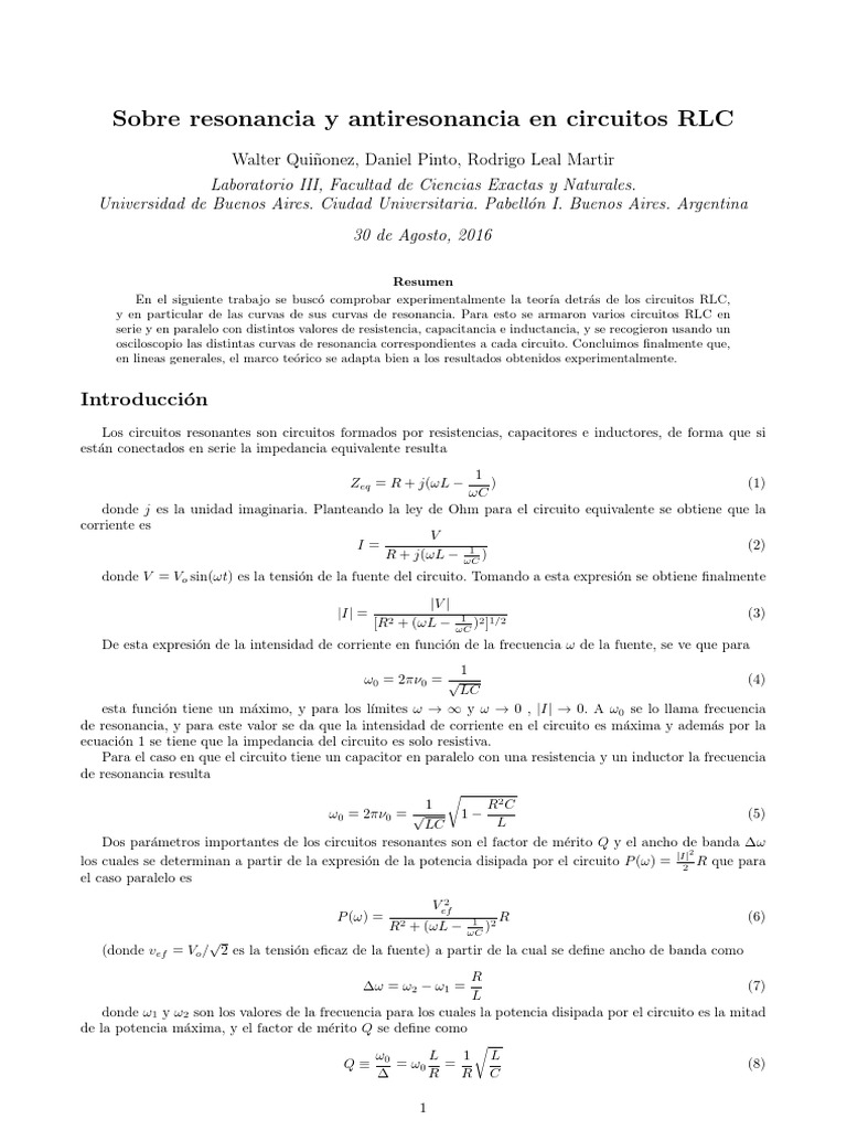 Resonancia en Circuitos RLC | PDF | Resistencia Eléctrica y Conductancia | Condensador