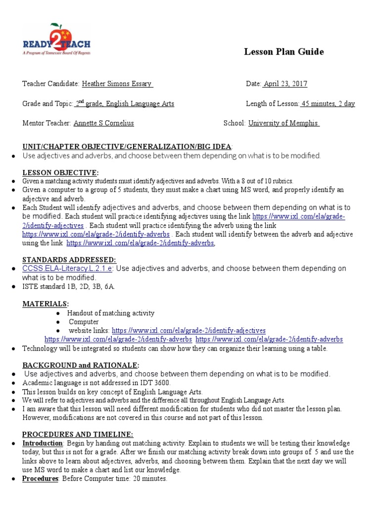 Edtpa Lesson Plan Part 2 | PDF | Adverb | Lesson Plan