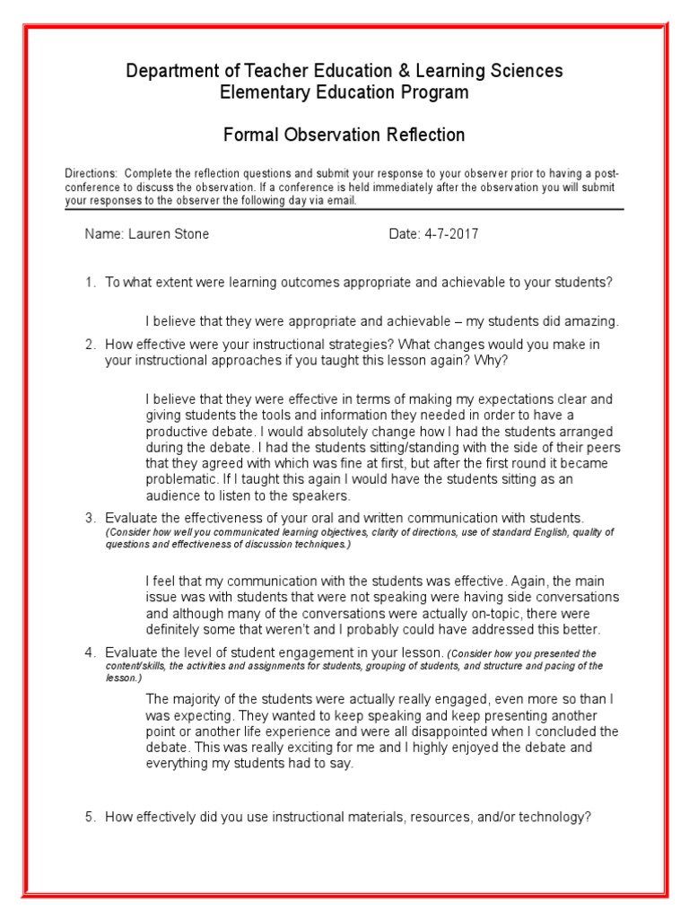 Postobservationreflection | PDF | Classroom Management | Classroom