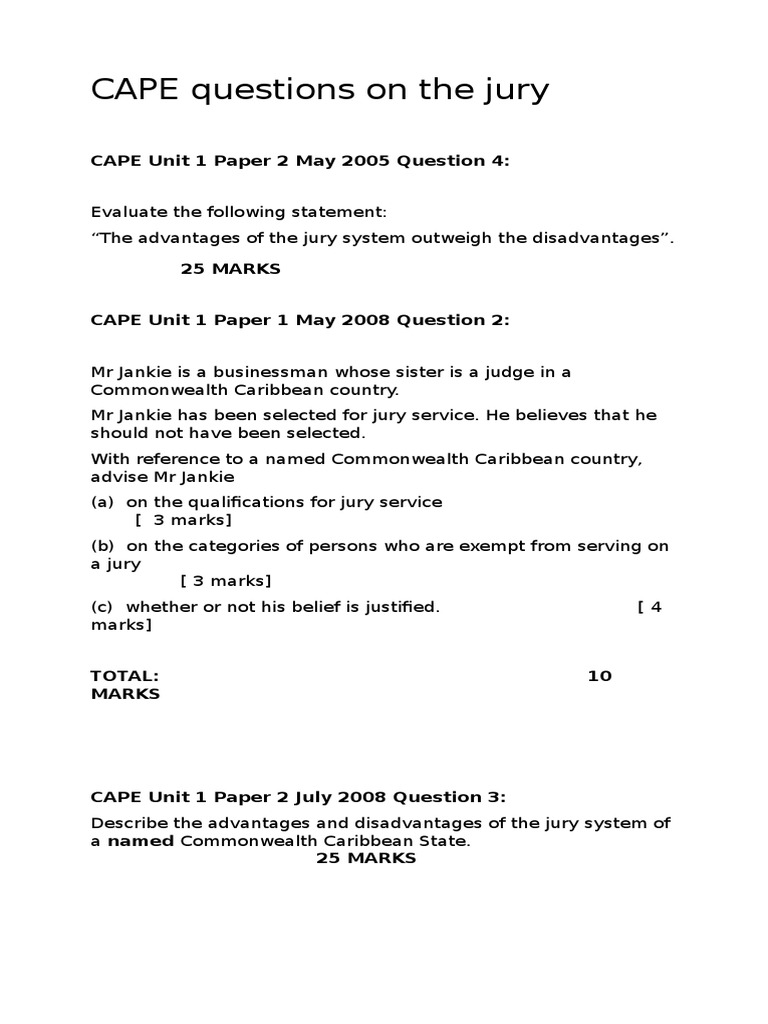 CAPE Questions On The Jury | PDF