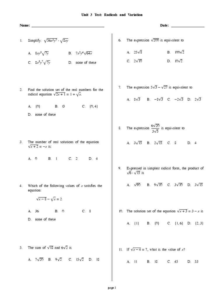 Unit 3 Test Radicals and Variation PT 1 Revised | PDF | Integer ...