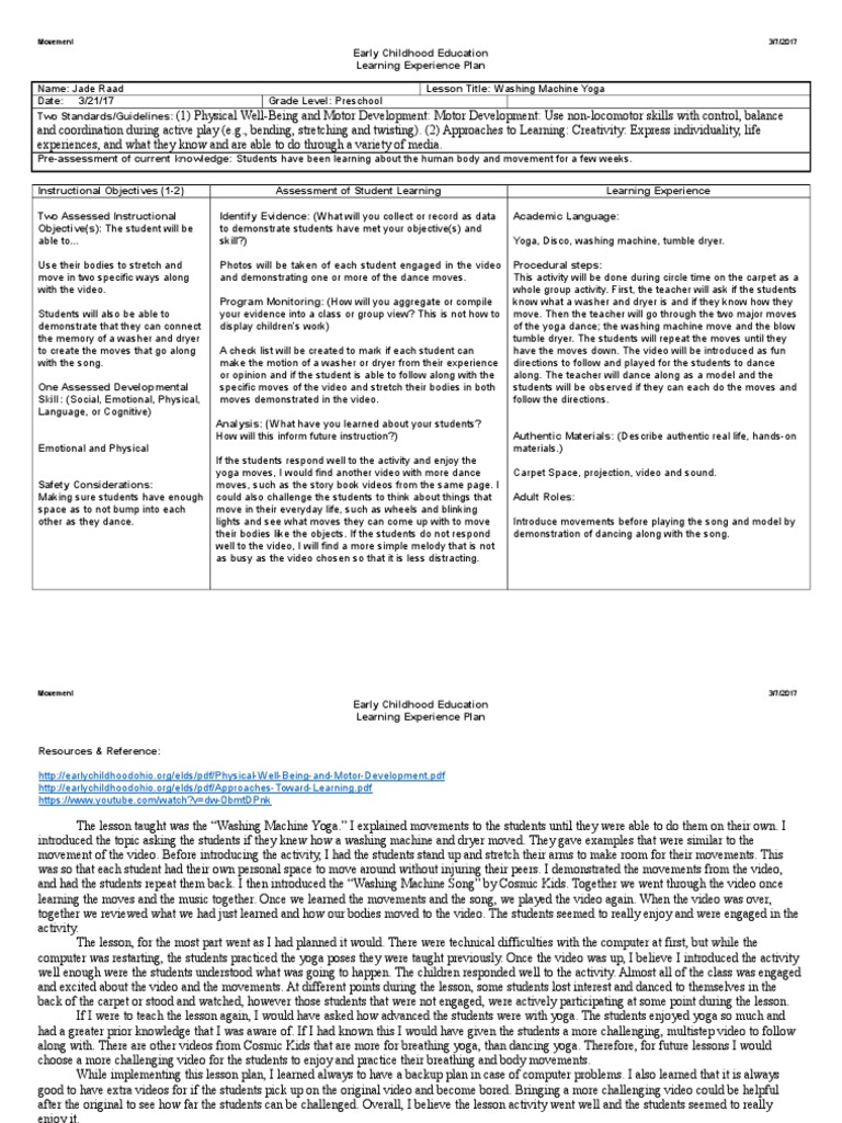 Movement Lesson Plan 1 | PDF | Early Childhood Education | Lesson Plan