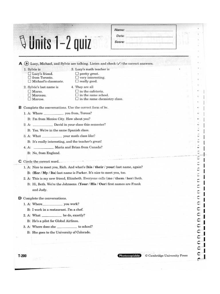 Quiz Unit 1 Interchange 1 | PDF