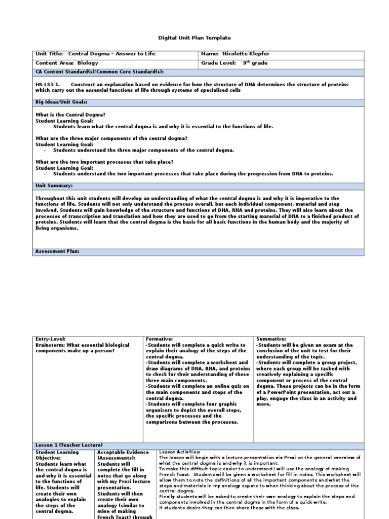 Central Dogma Unit Plan for Biology | PDF | Dna | Analogy