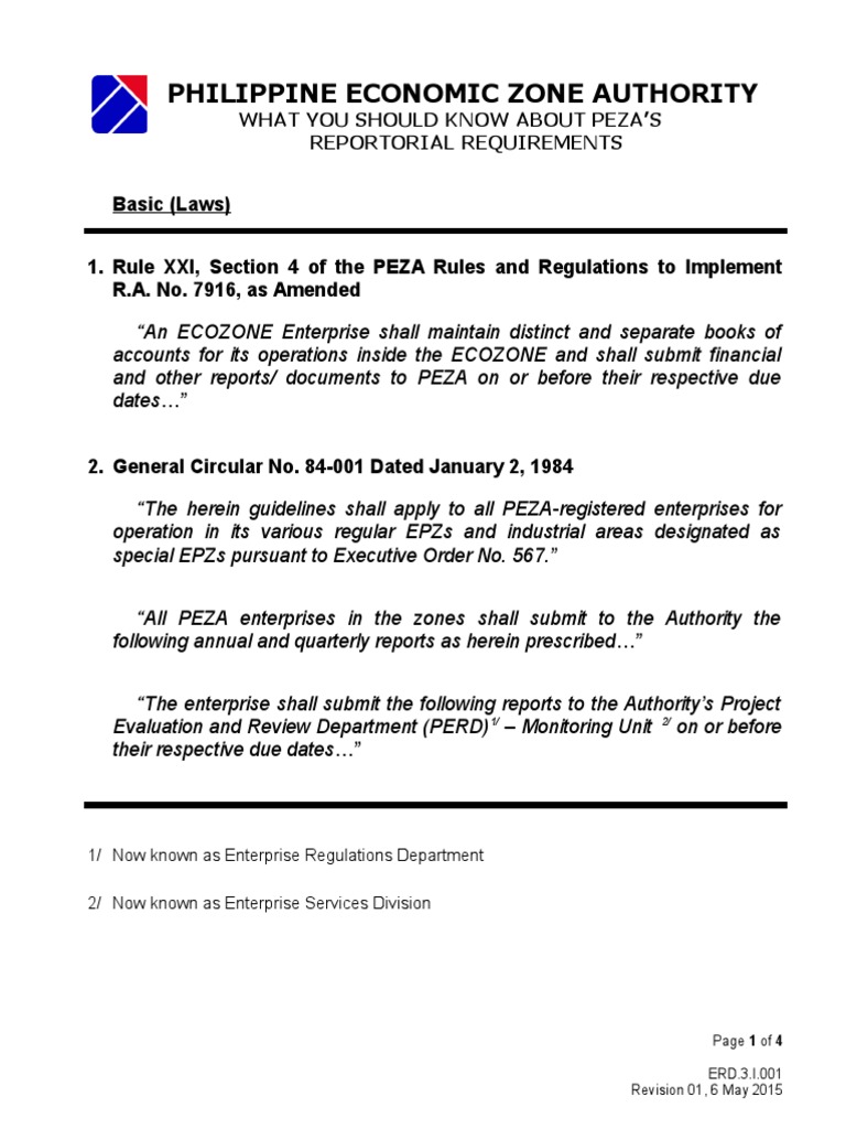 Guideline Reportorial PEZA | Taxes | Public Law