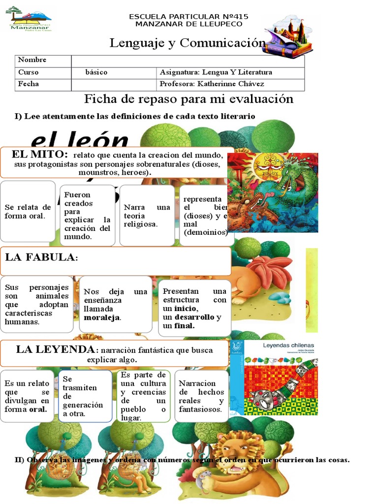 Ficha de Repaso Para Mi Evaluación Mito, Fabula y Leyenda | Fábula ...
