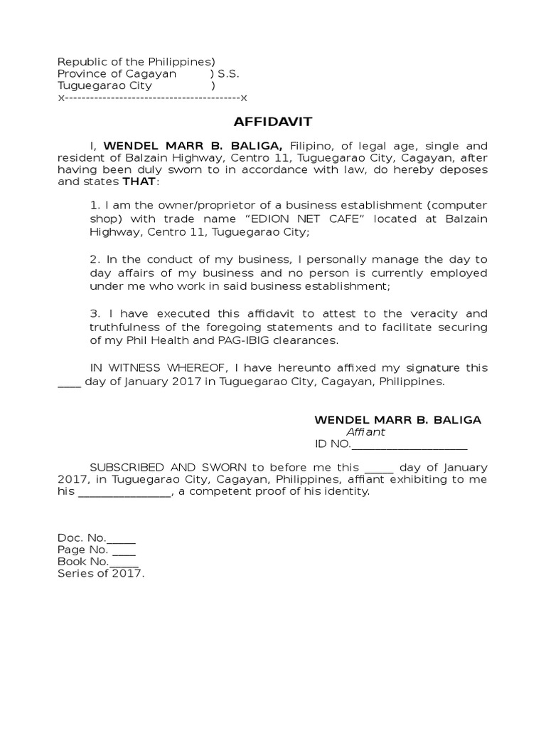 Affidavit of Sole Proprietorship for PhilHealth and Pag-Ibig Clearances ...