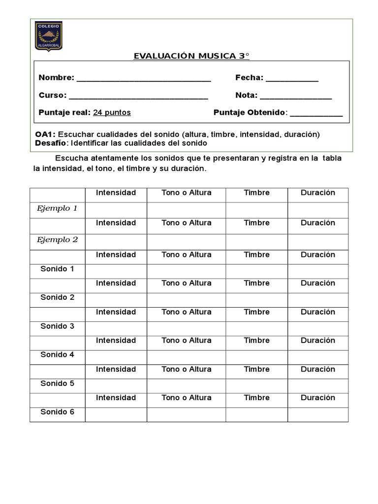 Evaluación de Cualidades del Sonido 3° | PDF | Artes del Lenguaje y ...