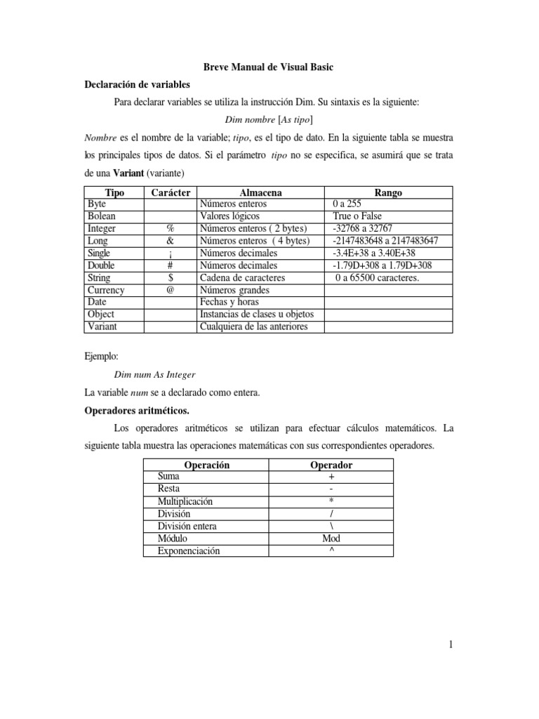 Breve Manual de Visual Basic | PDF | Básico | Tipo de datos