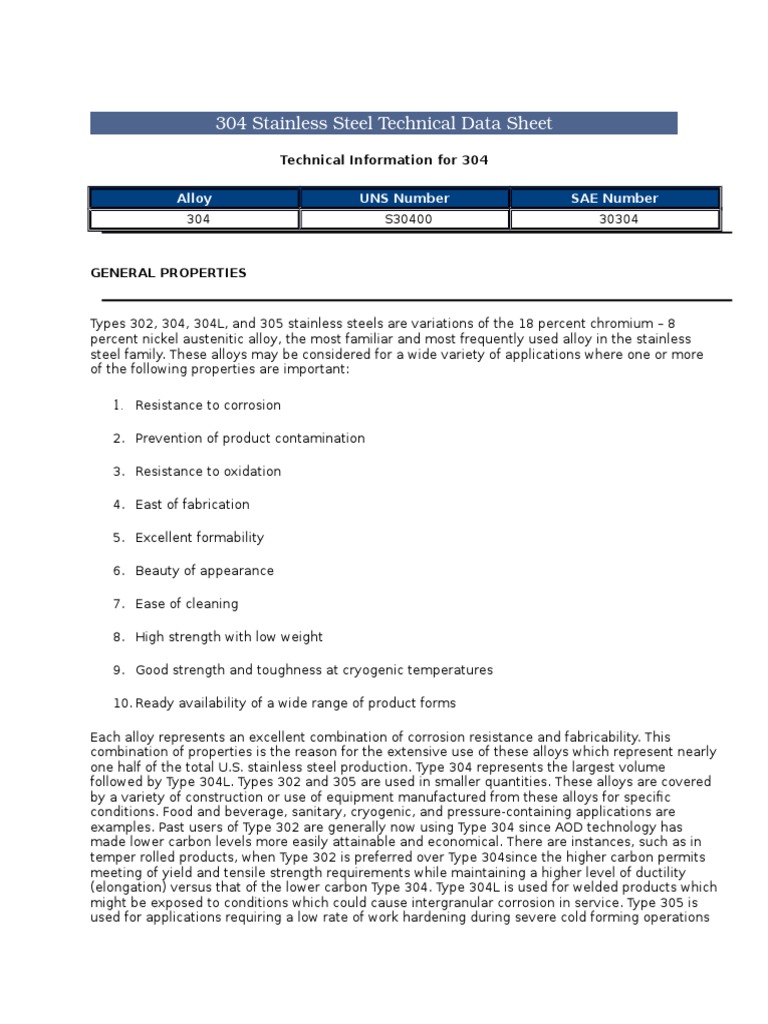 304 Stainless Steel Technical Data Sheet | Heat Treating | Steel