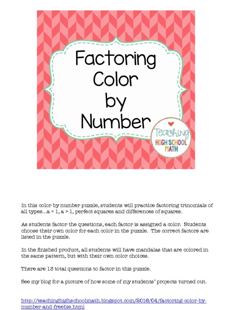 Algebra Factoring Color by Number | PDF | Teaching Mathematics