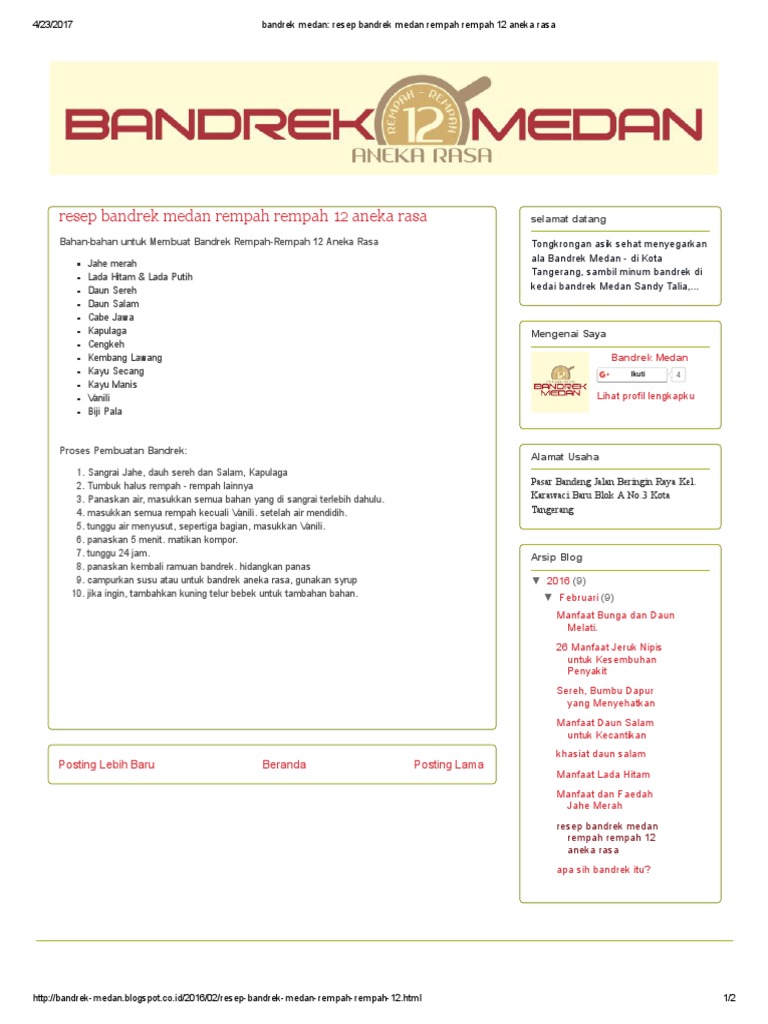 Bandrek Medan - Resep Bandrek Medan Rempah Rempah 12 Aneka Rasa | PDF