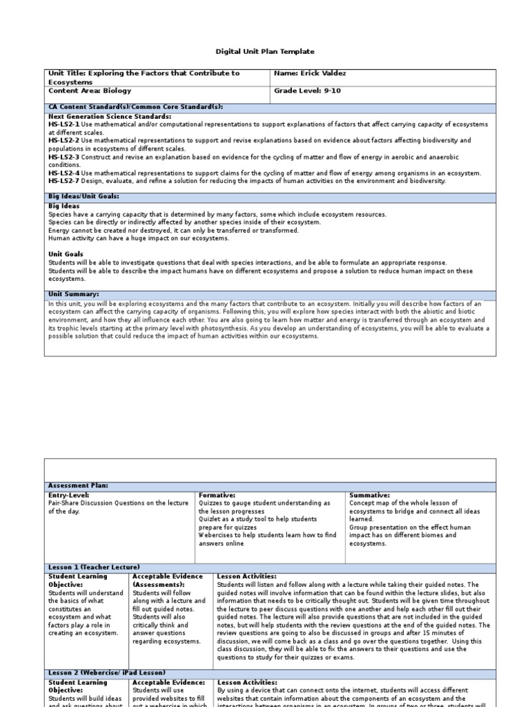 ecosystem unit plan template | Ecosystem | Lecture