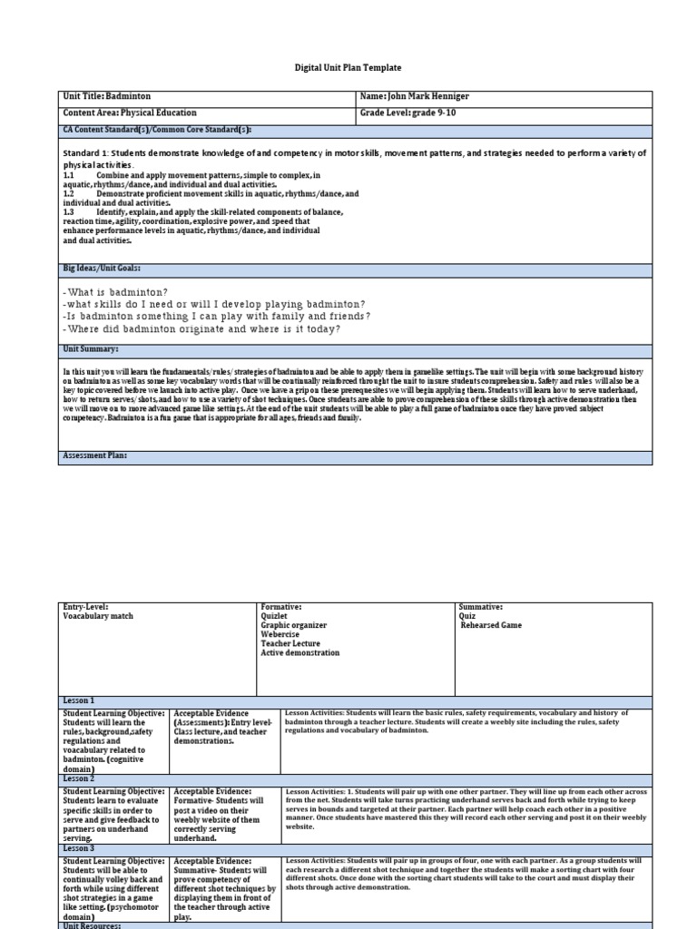 Badminton Unit Template | PDF | Reading Comprehension | Educational ...
