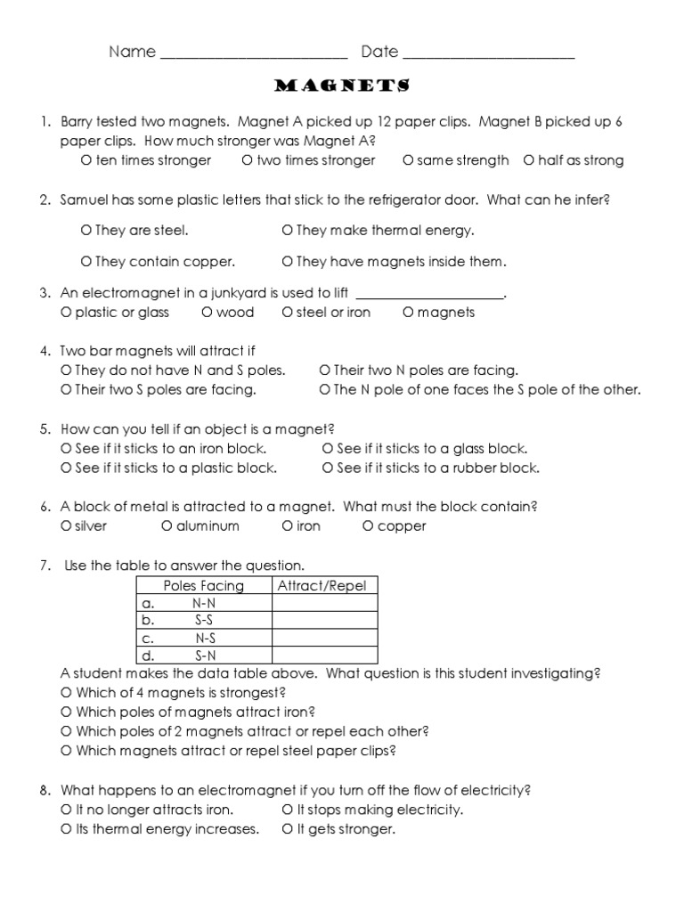 Grade 3 Magnetism Worksheet | PDF | Magnet | Electricity
