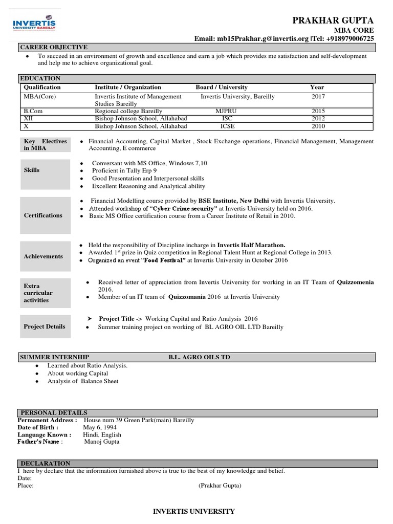 Prakhar Updated Resumes Final | PDF | Master Of Business Administration | Business