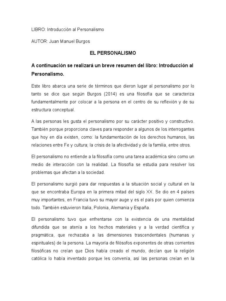 Resumen Del Personalismo | PDF | Teorías filosóficas | Metafísica