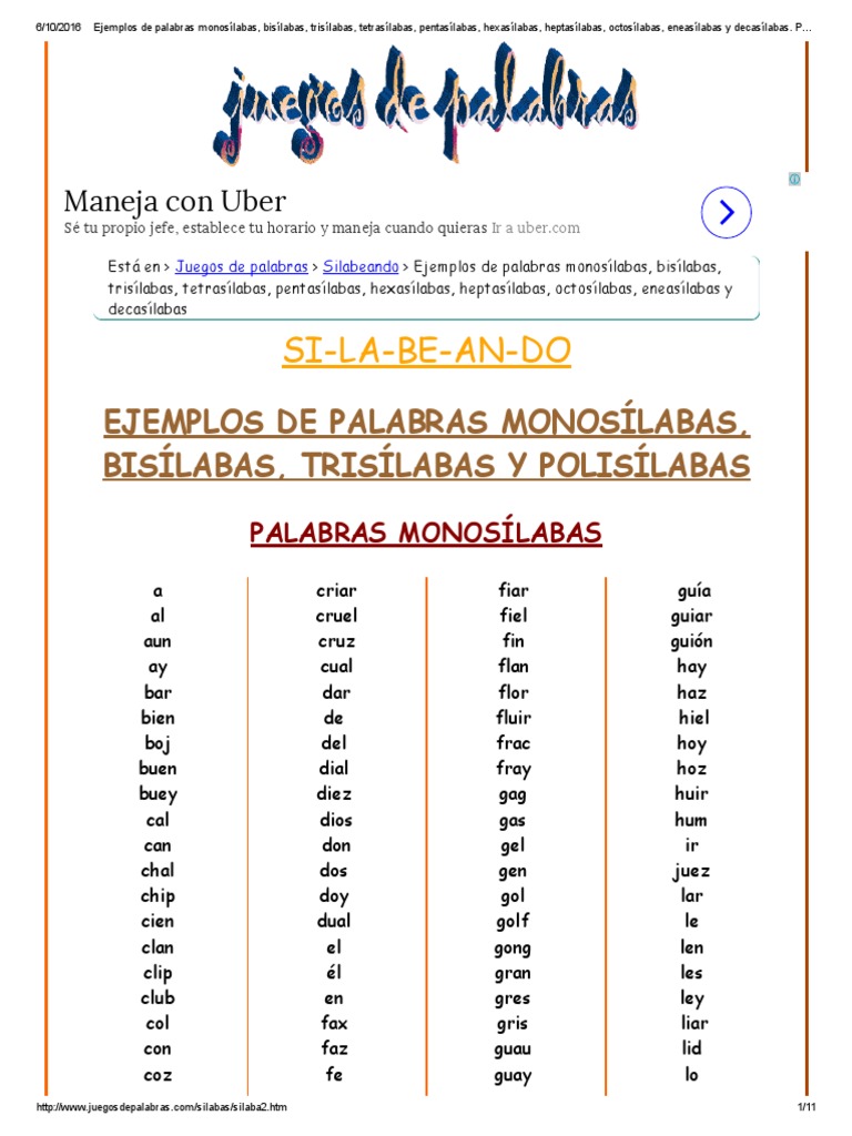 Ejemplos de Palabras Monosílabas, Bisílabas, Trisílabas, Tetrasílabas ...